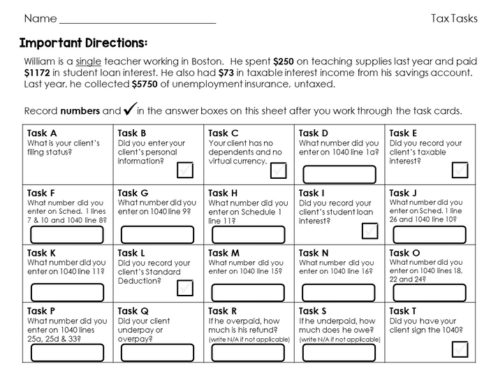 Filing Income Tax Task Cards - Federal Income Taxes 1040 Activity ...